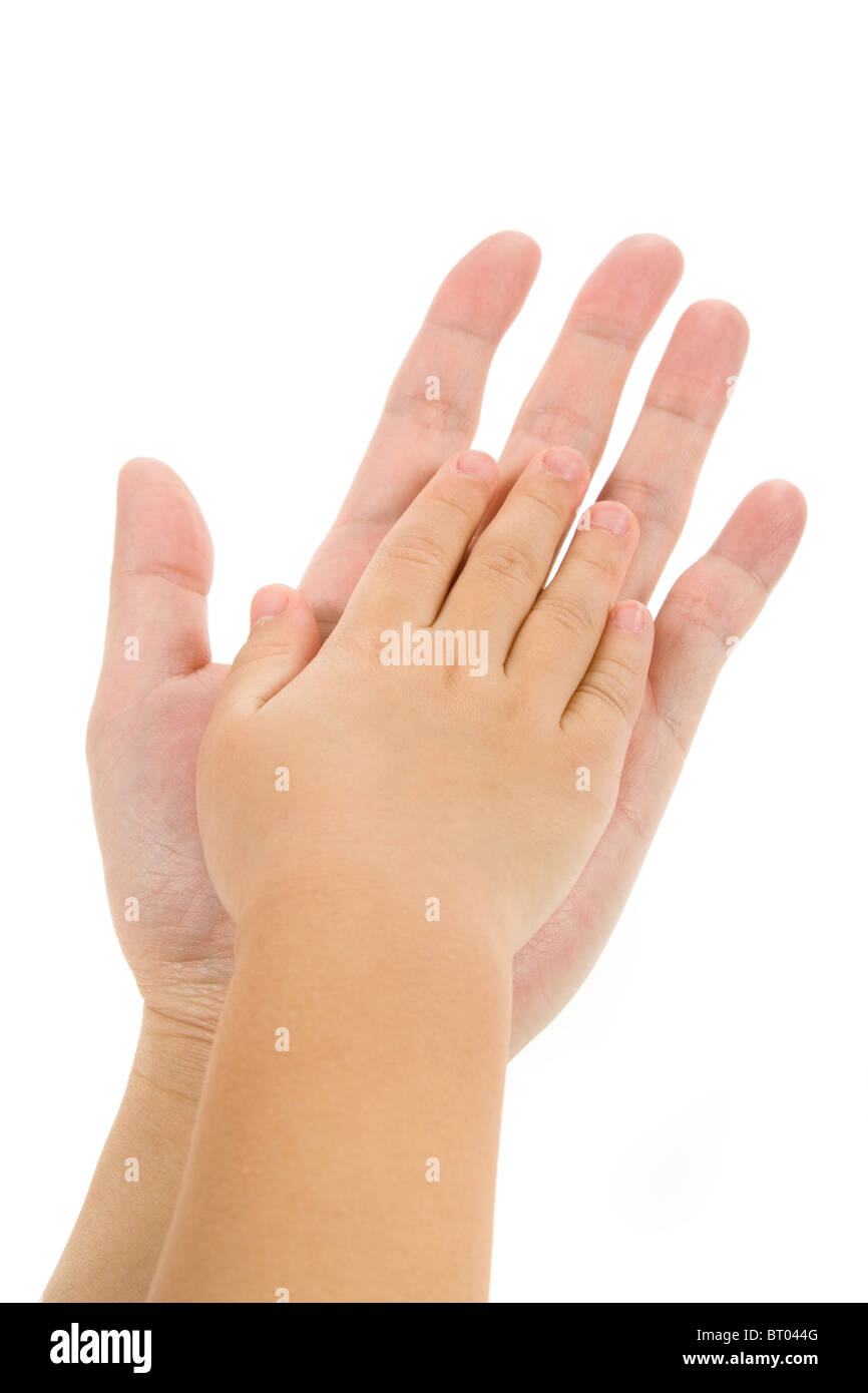 Adult hand and Child hand with white background Stock Photo - Alamy