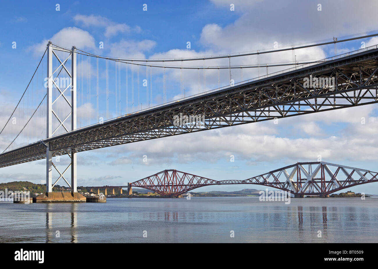 The Forth road and rail bridges seen from the shore at South ...