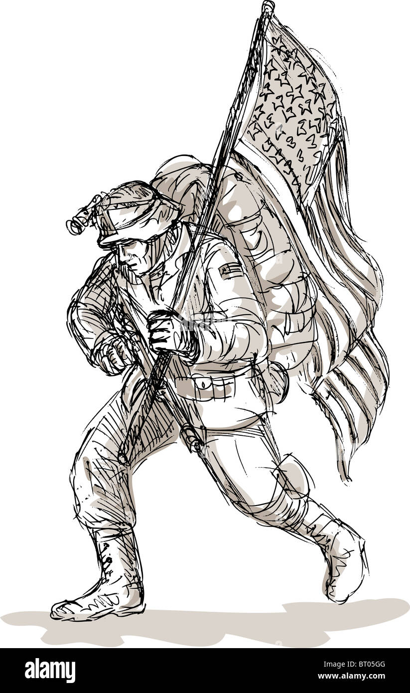 hand drawn sketch of a Dejected American soldier in full battle gear ...