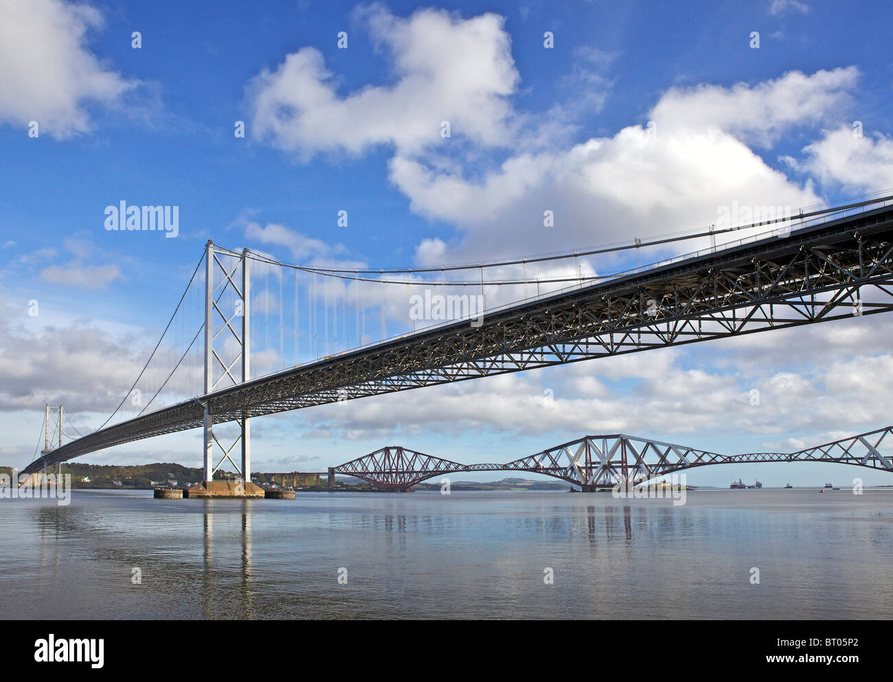 The Forth road and rail bridges seen from the shore at South ...