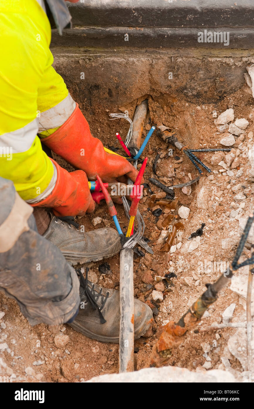 Underground steel armoured high voltage cable being isolated / cut and ...