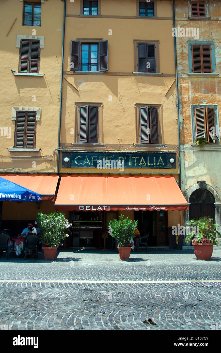Typical Italian bar in a Piazza in Cagli in Le Marche region of Italy ...