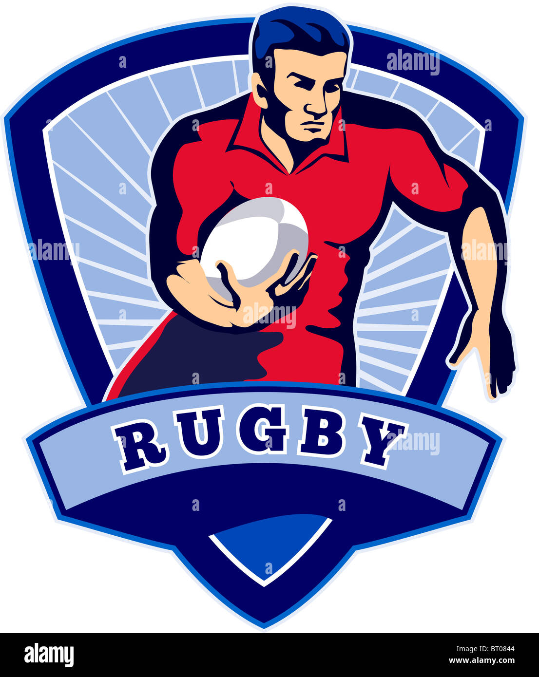 Rugby player running with ball facing front with shield in background ...