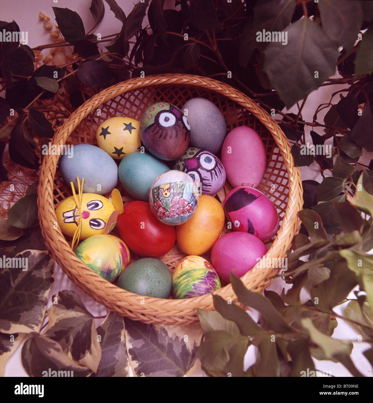 Close-up of blown eggs hand-painted and colorfully decorated for Easter ...