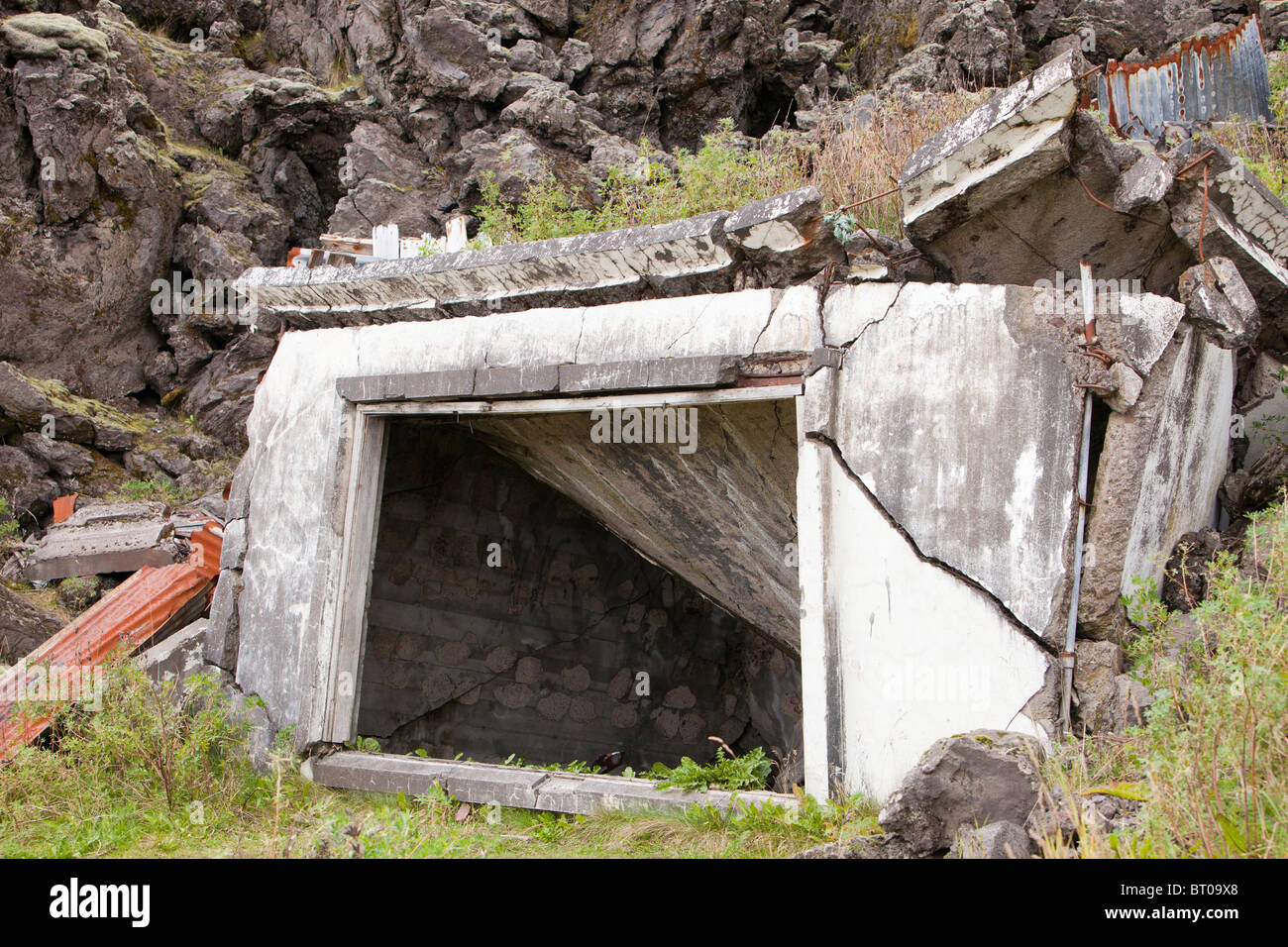 A house destroyed by the lava flow on Heimaey, Westman Islands, Iceland ...