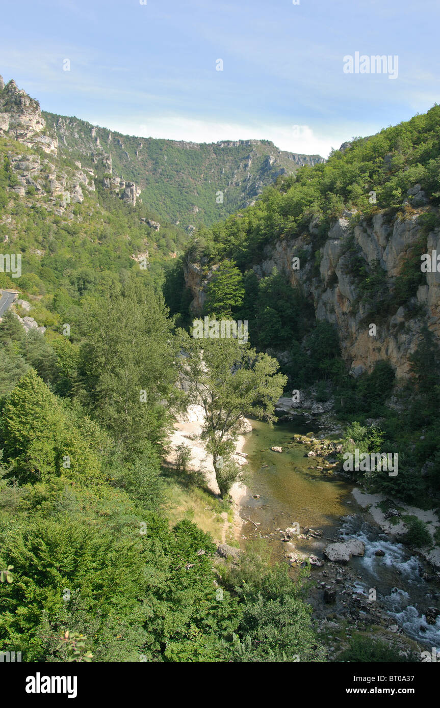 View of the river Tarn valley (Gorges du Tarn) between the village of ...