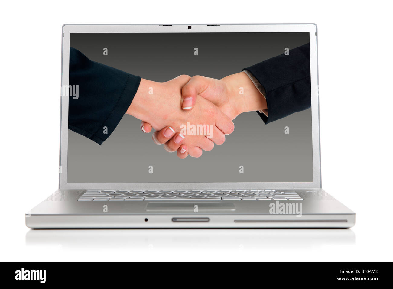 A modern silver computer on a white background, Handshaking on the ...