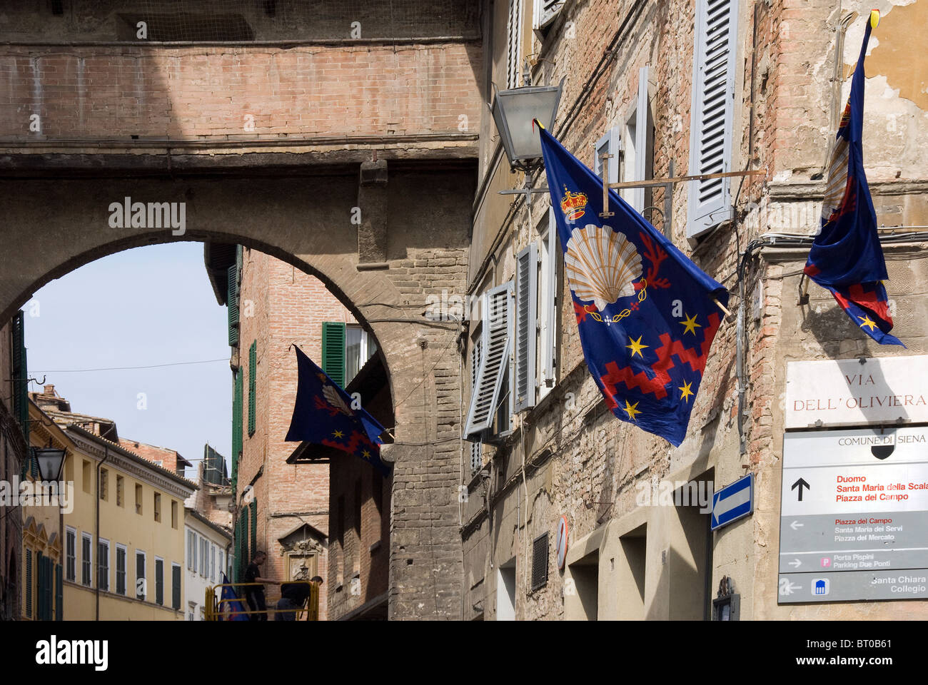 Via di Pantaneto, Siena bedecked with flags of the contrada Nicchio ...