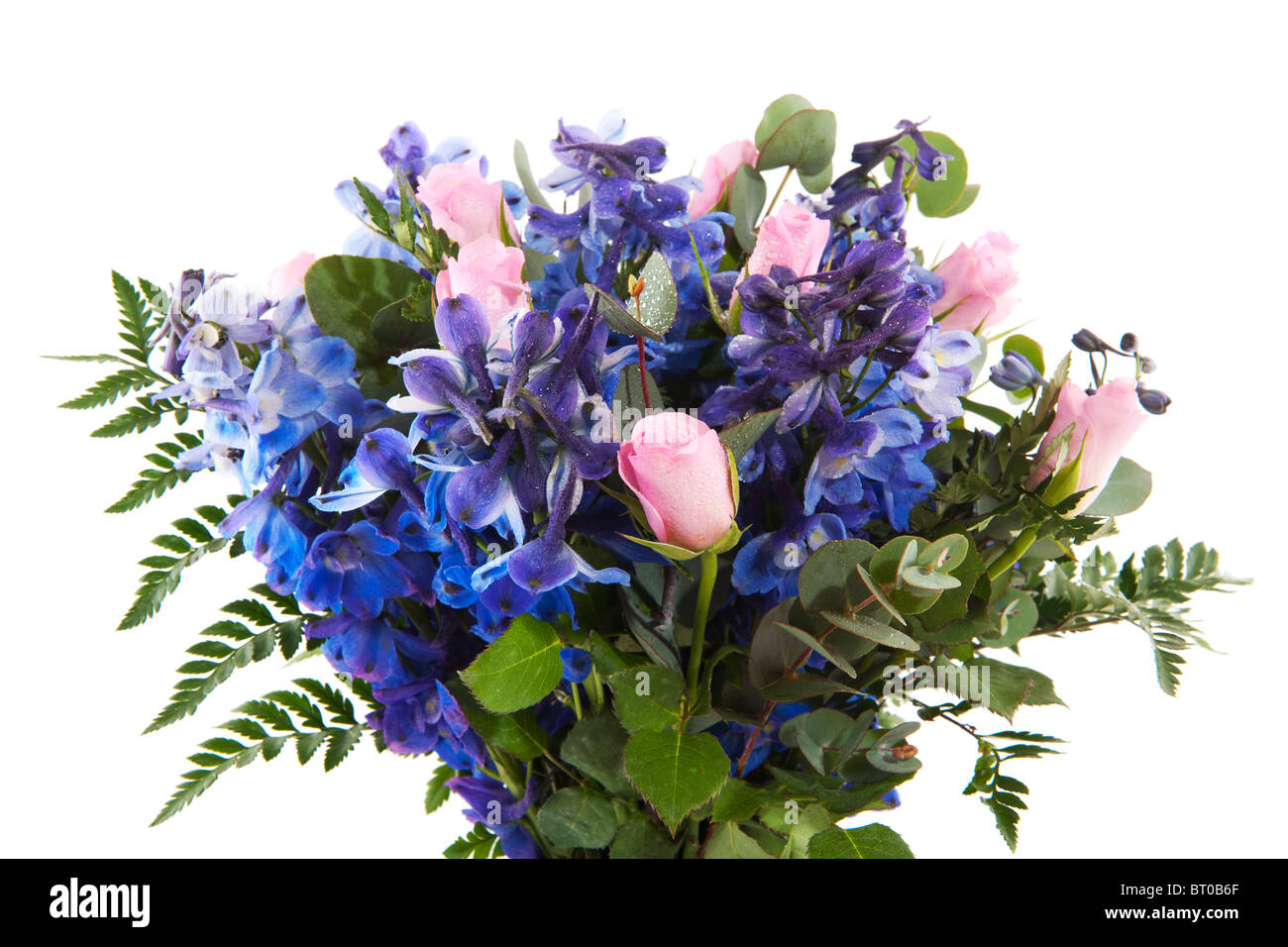 Bouquet flowers with blue larkspur and pink roses Stock Photo - Alamy