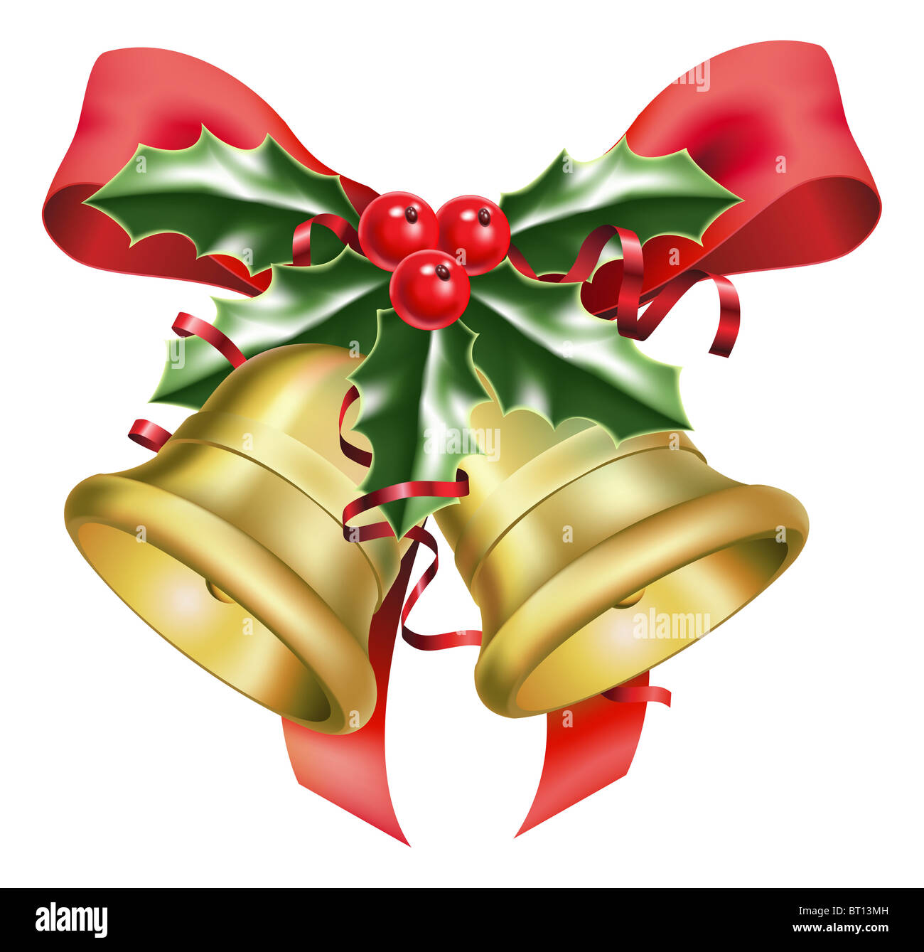 an illustration of festive bells and bows, with a sprig of holly, at ...