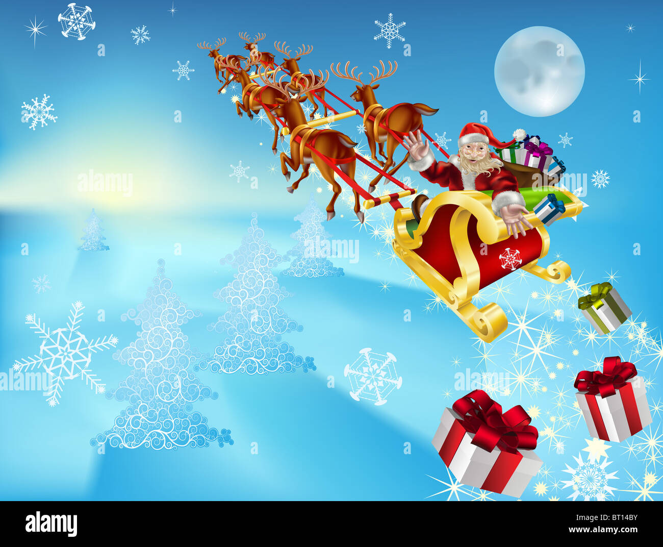 an illustration of santa in his xmas sled or sleigh, delivering his ...