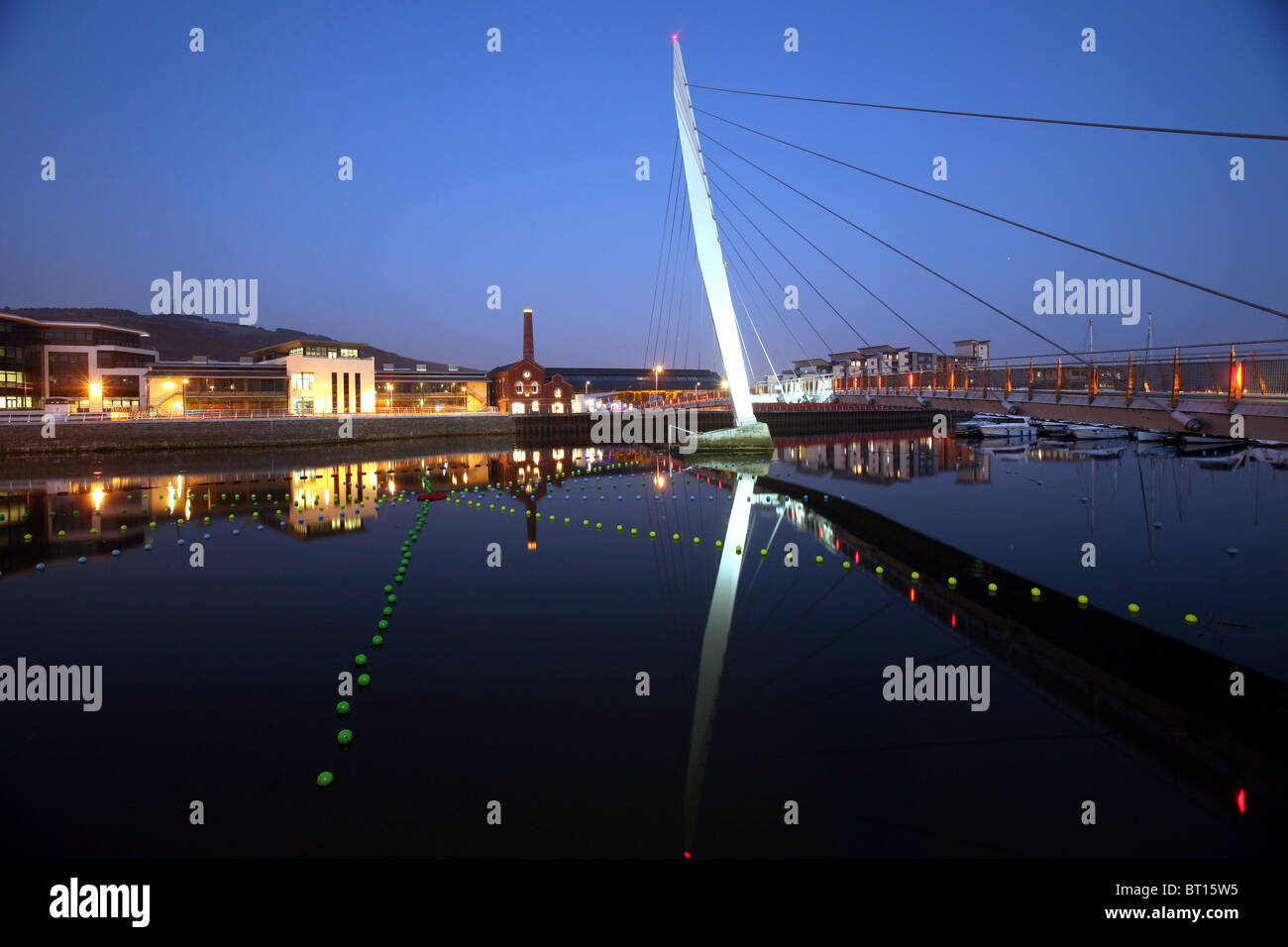 The River Tawe at night, Swansea SA1 Waterfront, Swansea, Wales, UK ...