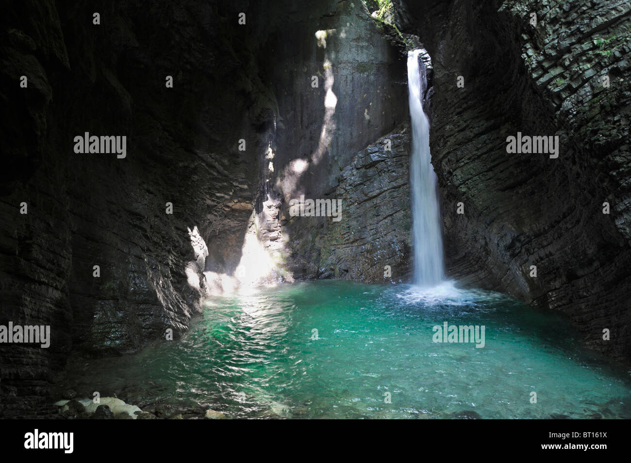 Kozjak Waterfall, Kobarid, with green plunge pool, tributary of Soca ...