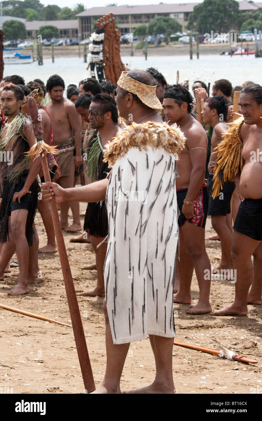 Maori chiefs after a haka on the beach of Waitangi on Waitangi day ...