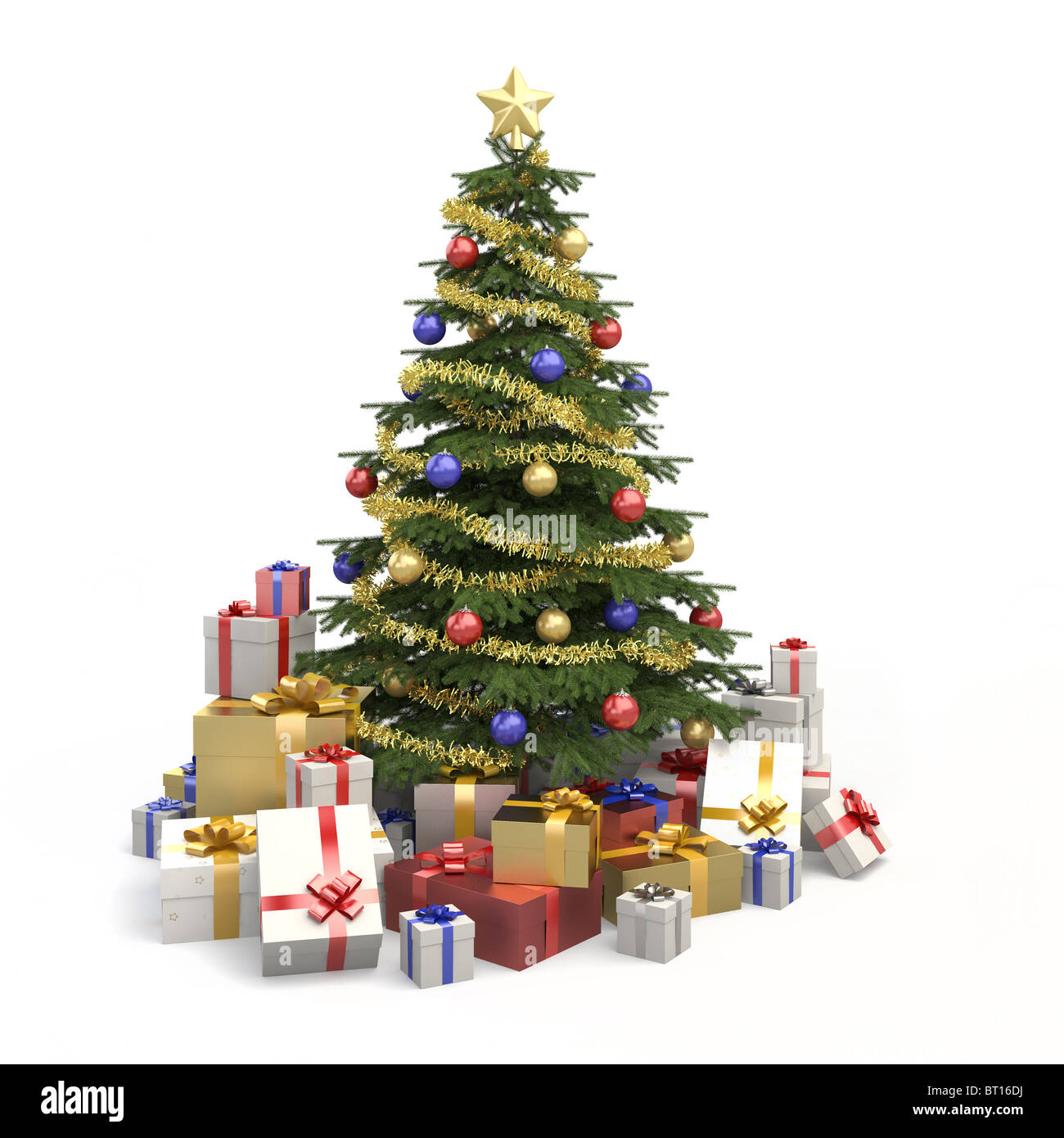 Fully decorated christmas tree with many presents and isolated on white ...