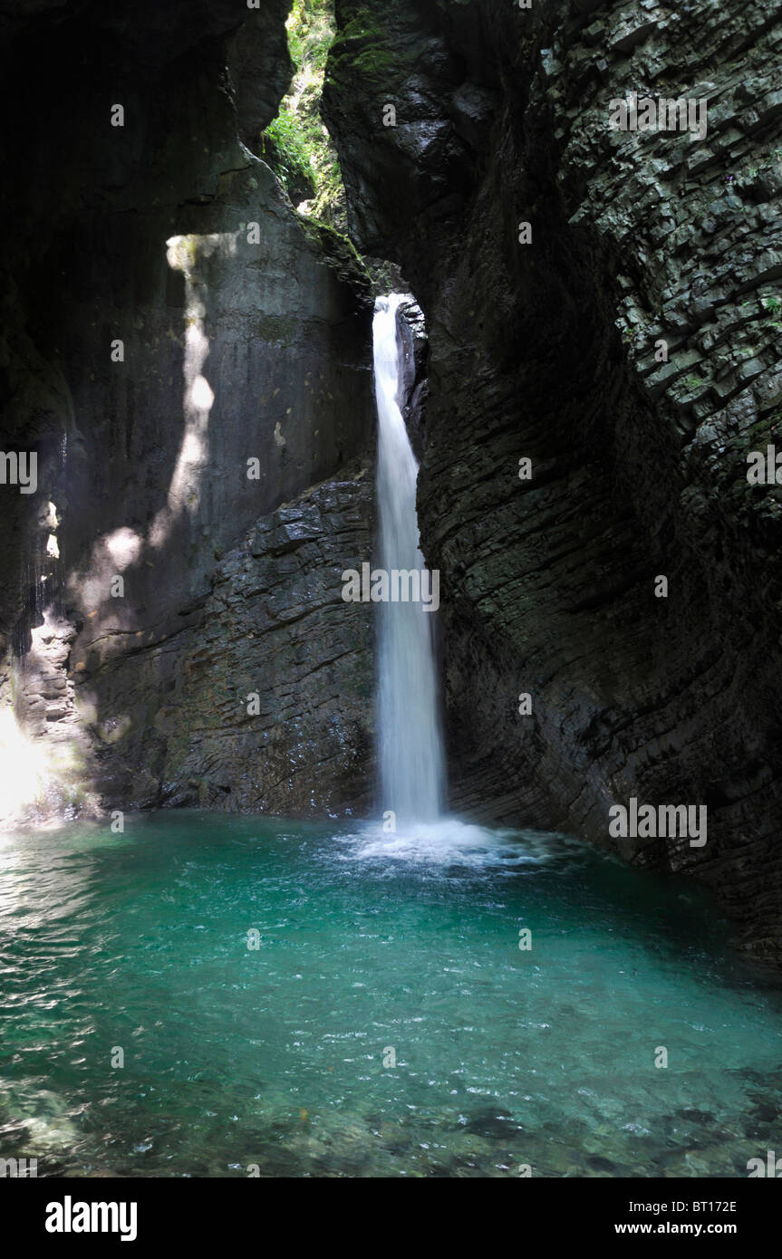 Kozjak Waterfall, Kobarid, with green plunge pool, tributary of Soca ...