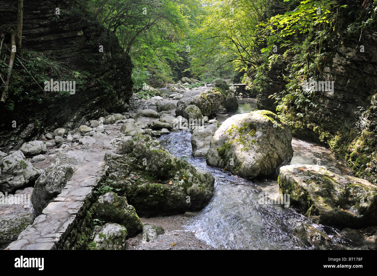 Kozjak Waterfall, Kobarid, with green plunge pool, tributary of Soca ...