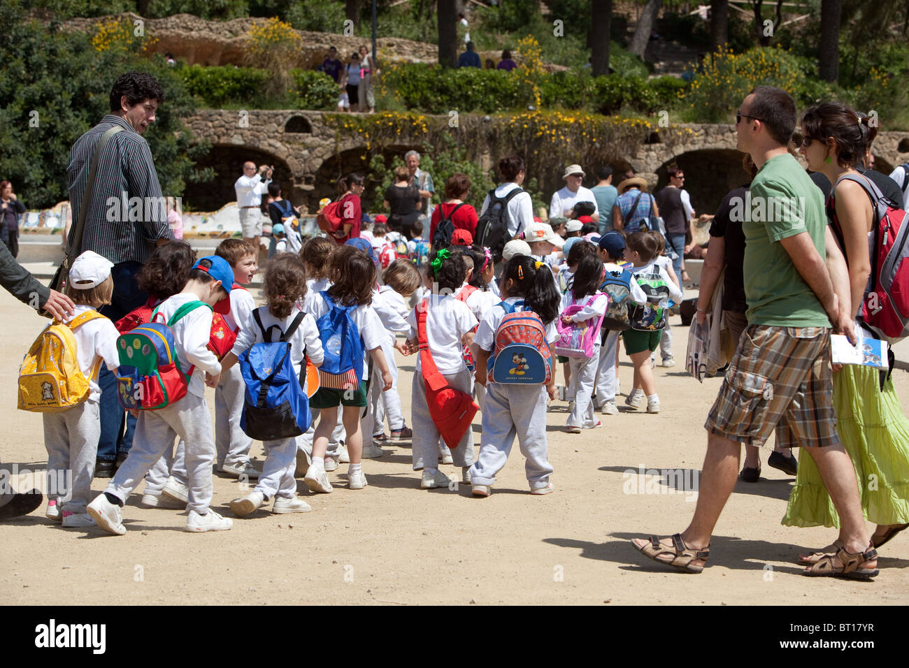 School trip children visiting the Park Guell Barcelona Spain Stock ...