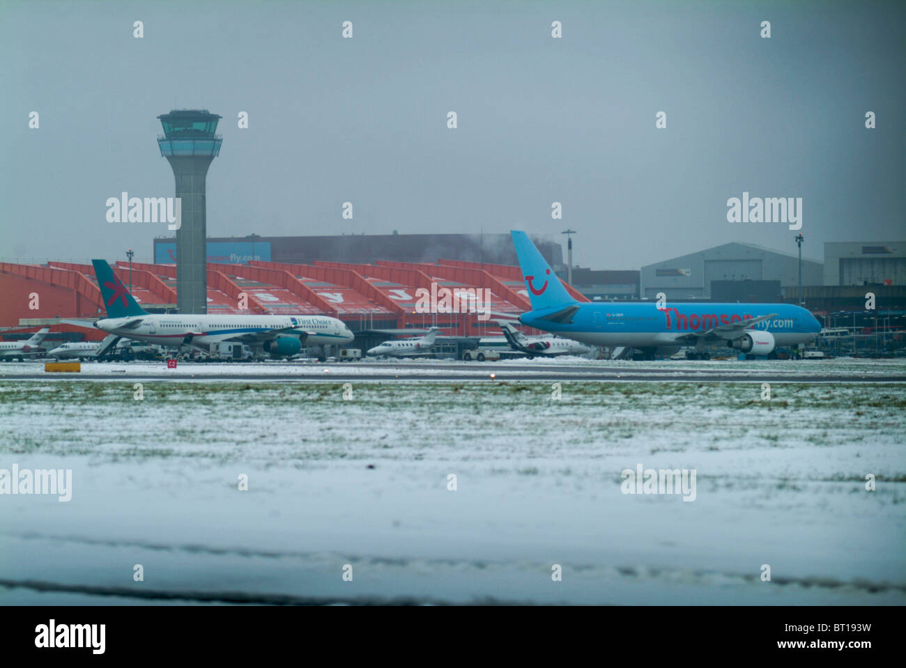 A snow covered Luton airport UK Stock Photo - Alamy