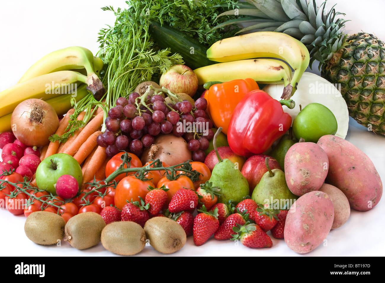 Mixed fruits and vegetables on a white backgroun Stock Photo - Alamy