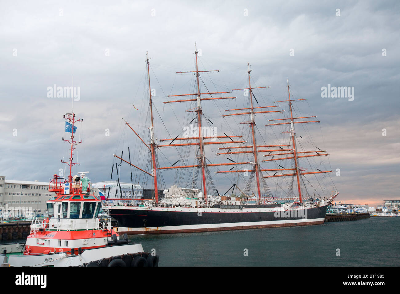 The Sedov, a Russian steel sailing ship, moored in the harbour at ...