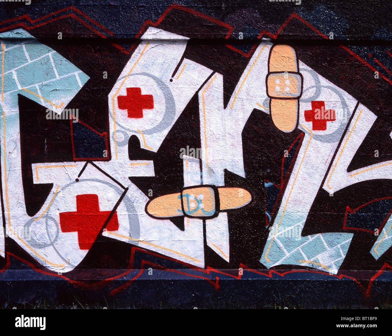 Bended broad white lines on dark background with three red crosses and ...