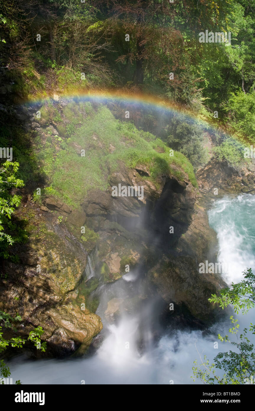 Water Fall at Vintgar Gorge with soft spray catching the sunlight ...