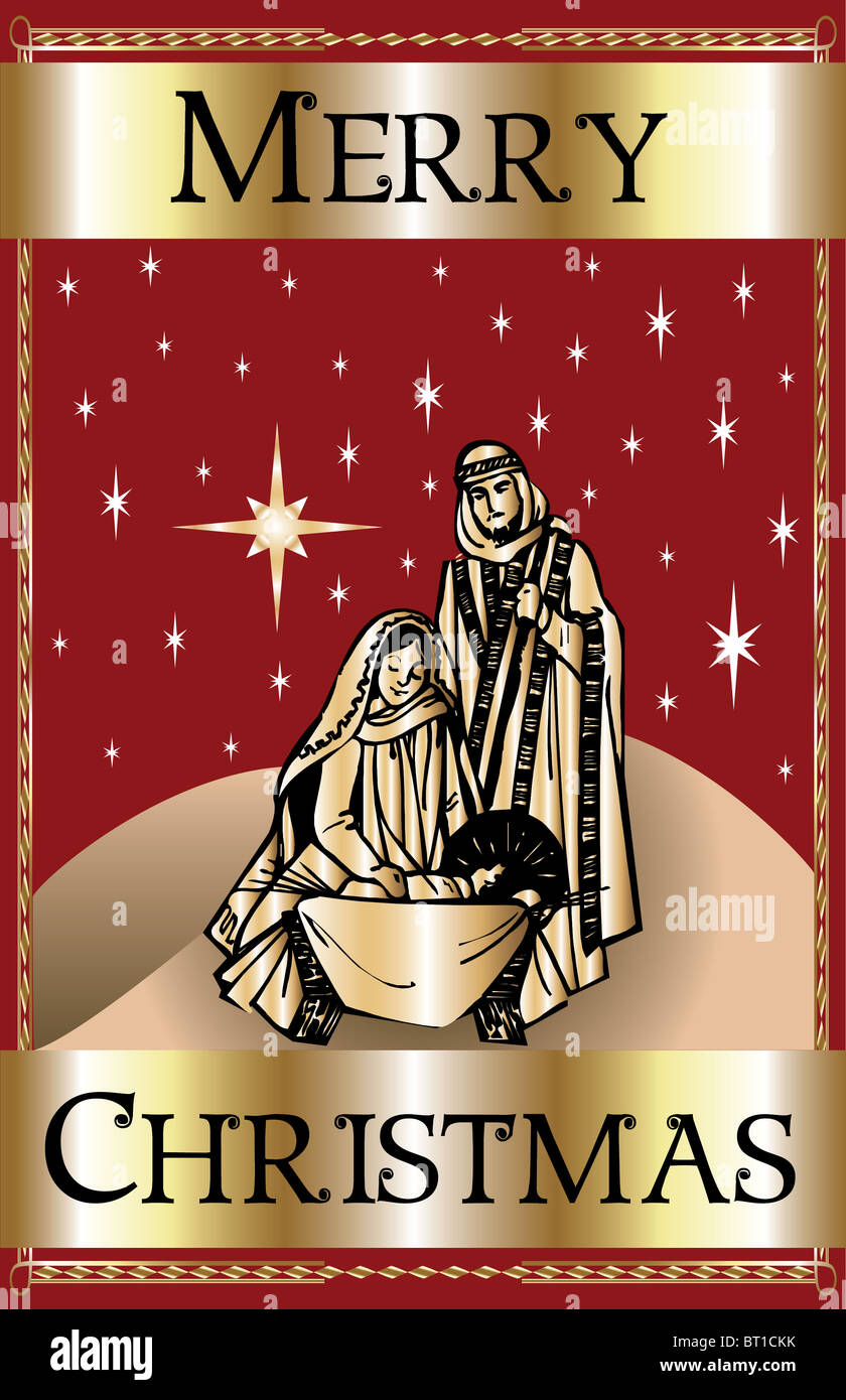 Vector Illustration of a Merry Christmas Red Nativity Stock Photo - Alamy