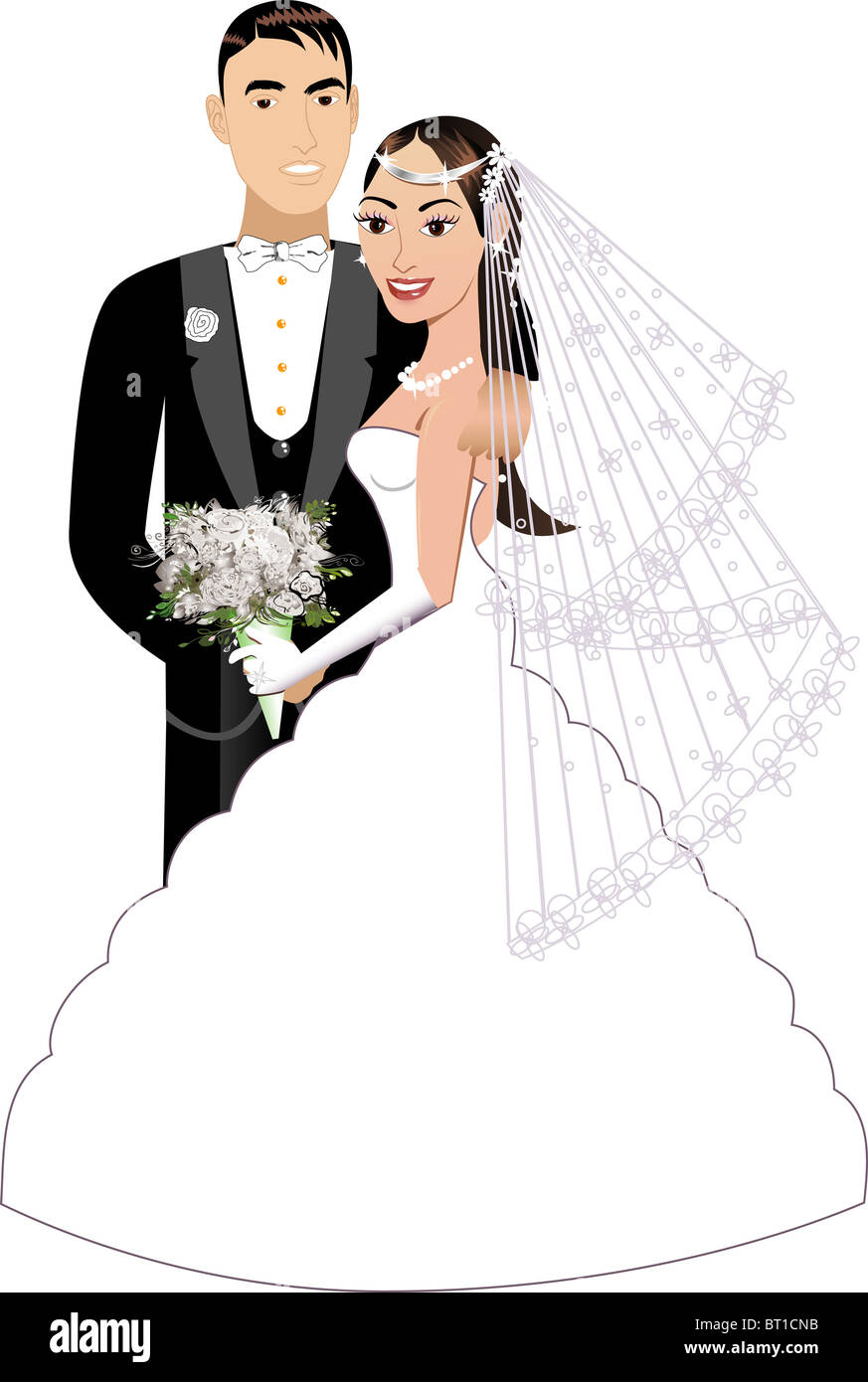 Vector Illustration. A beautiful bride and groom on their wedding day ...