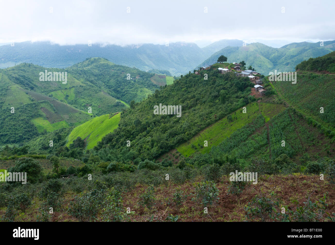 View of Ta Yaw village and surrounding hills in Shan State. Myanmar ...