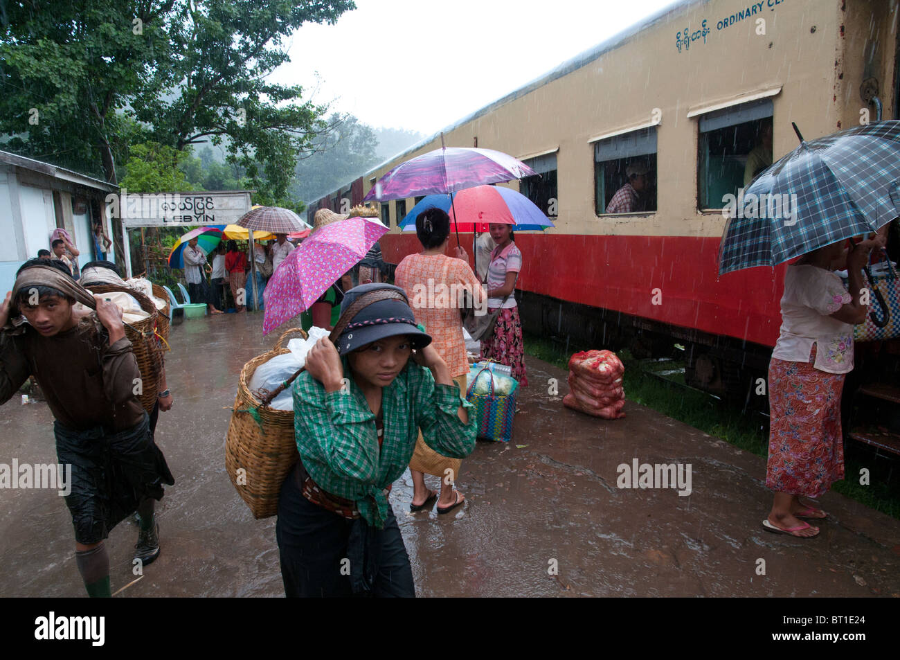 On a Platform under Monsoon Rain in Lebyin Train Station on the Thazi ...