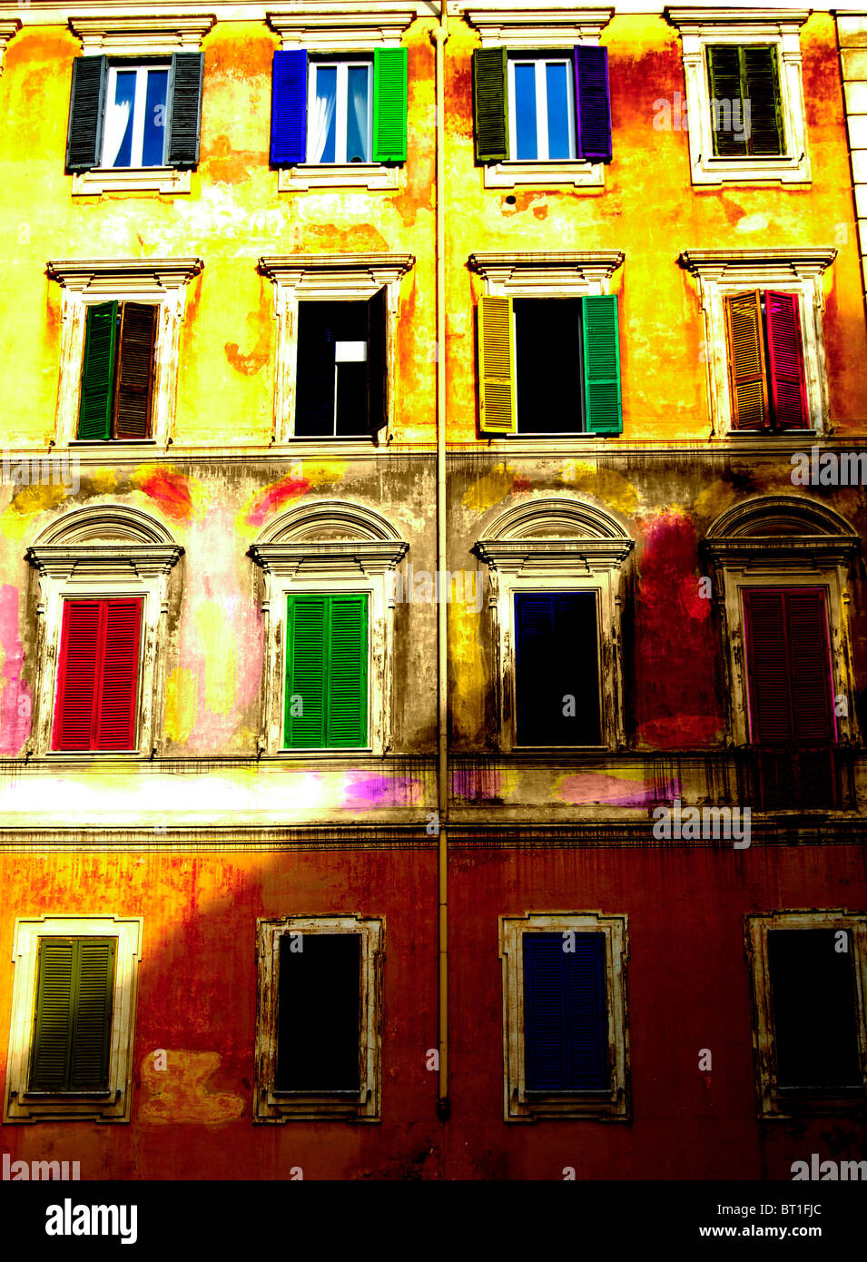 Rome.Windows and colors. Graphic processing of a front of a building ...