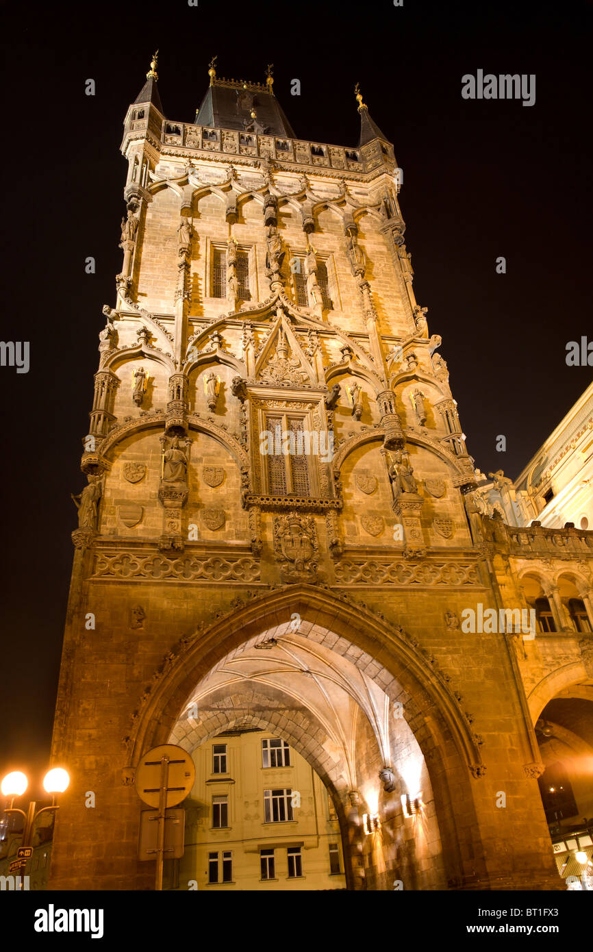 Prague - gothic Powder gate in the night Stock Photo - Alamy