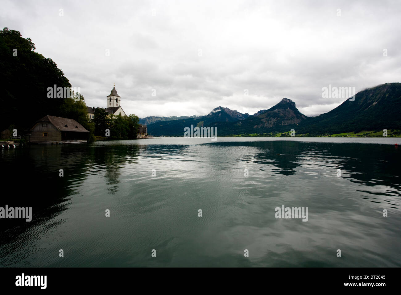 The Austrian Alpine Lake of Wolfgangsee and the mountain of of ...