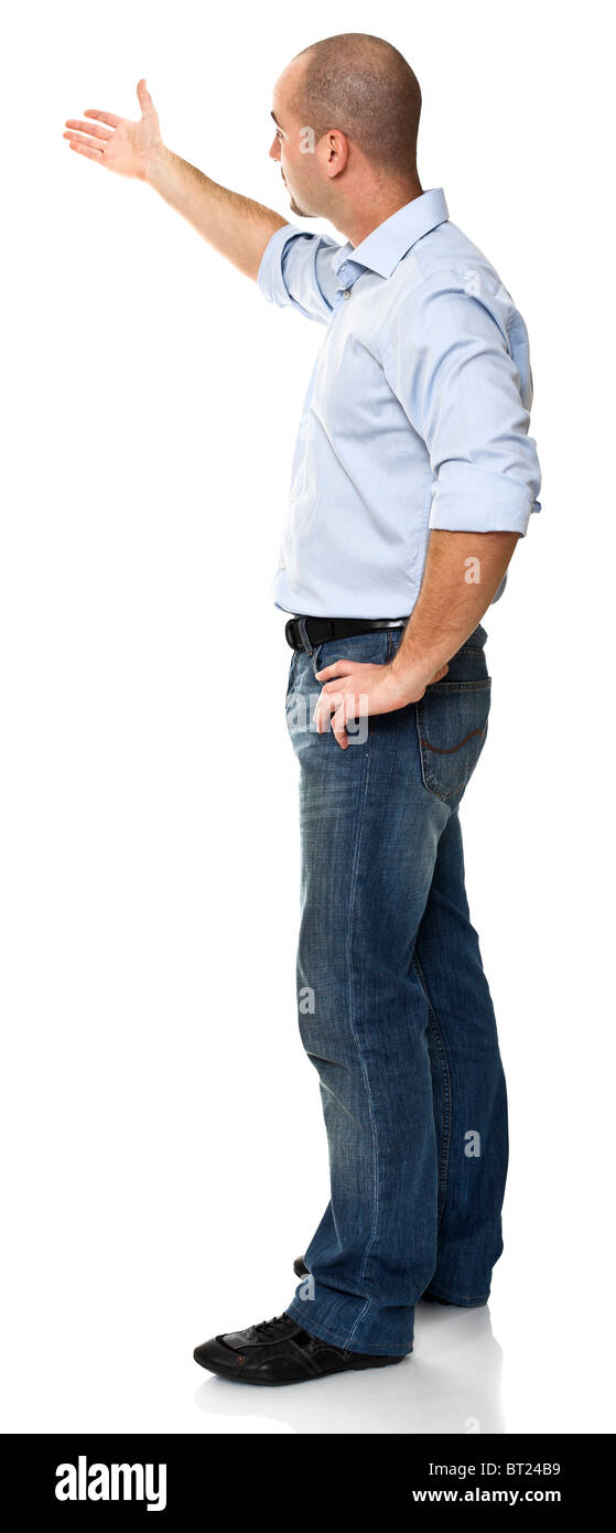 caucasian standing man with showing pose isolated on white Stock Photo ...