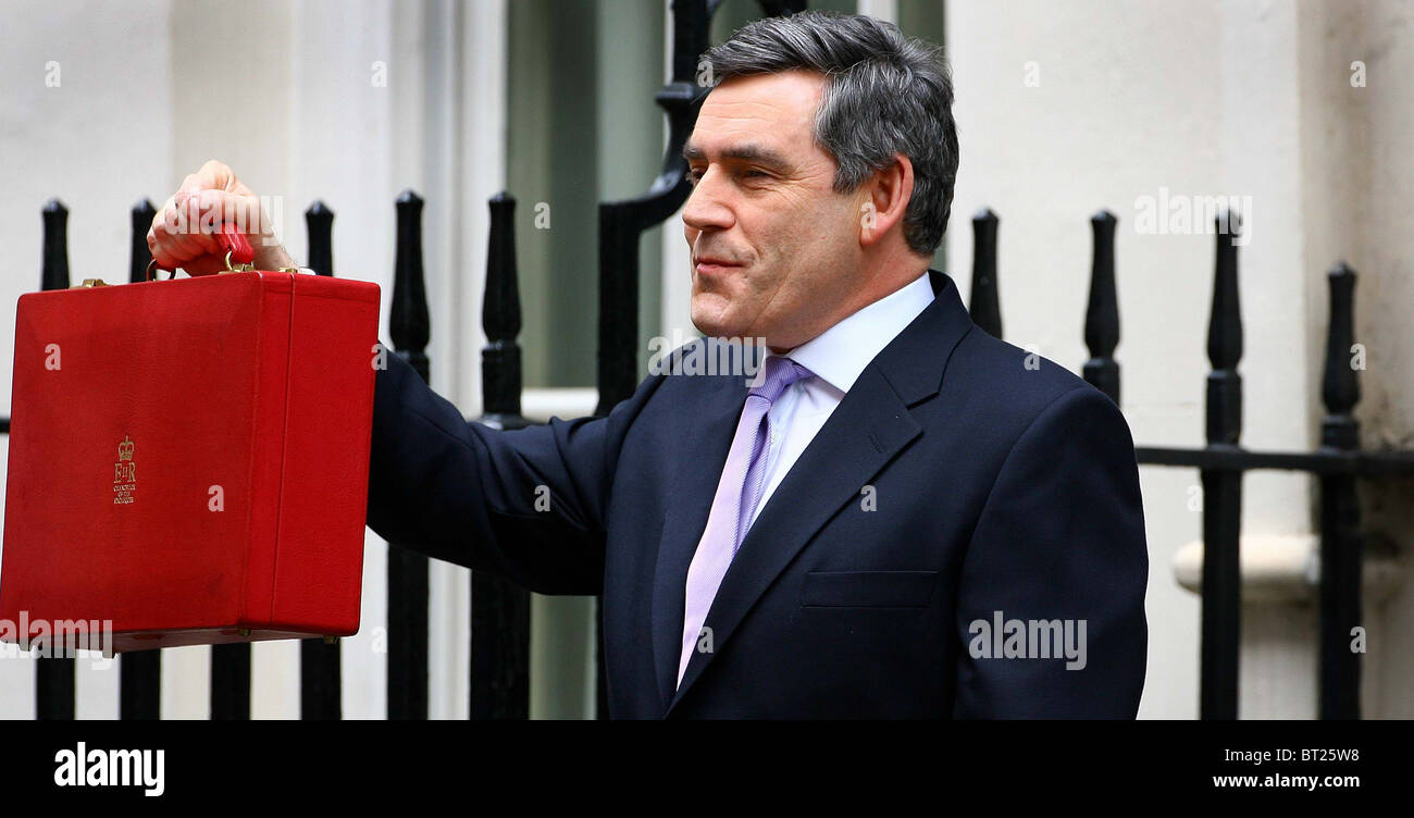 Chancellor of the Exchequer Gordon Brown holds the red dispatch box ...