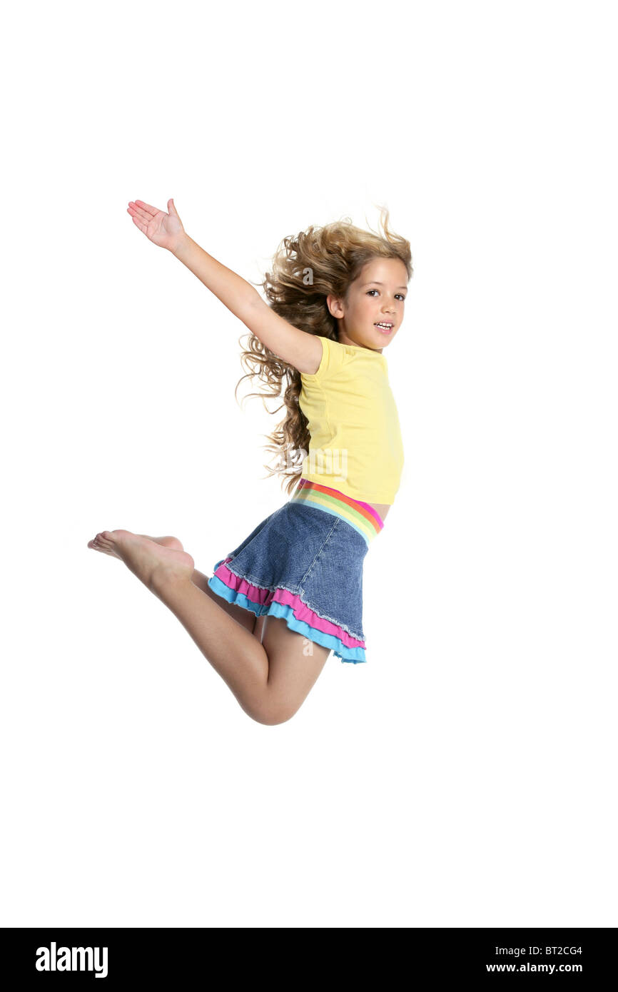 little beautiful girl fly jumping isolated on white studio background ...