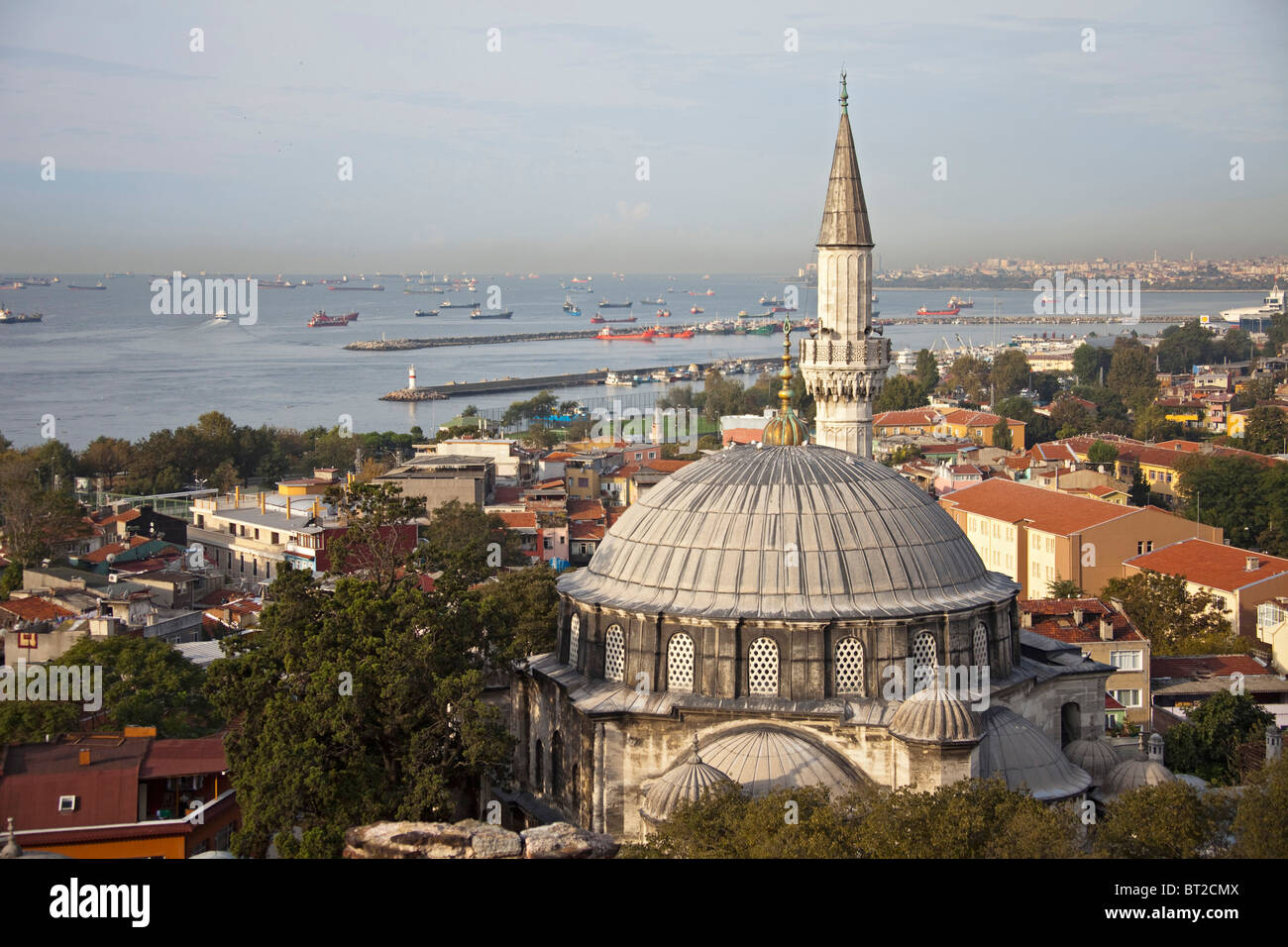 General view of old Istanbul capital city, over mosque roof overlooking ...