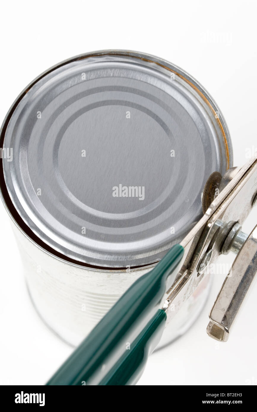 Metal Can and opener with white background Stock Photo - Alamy