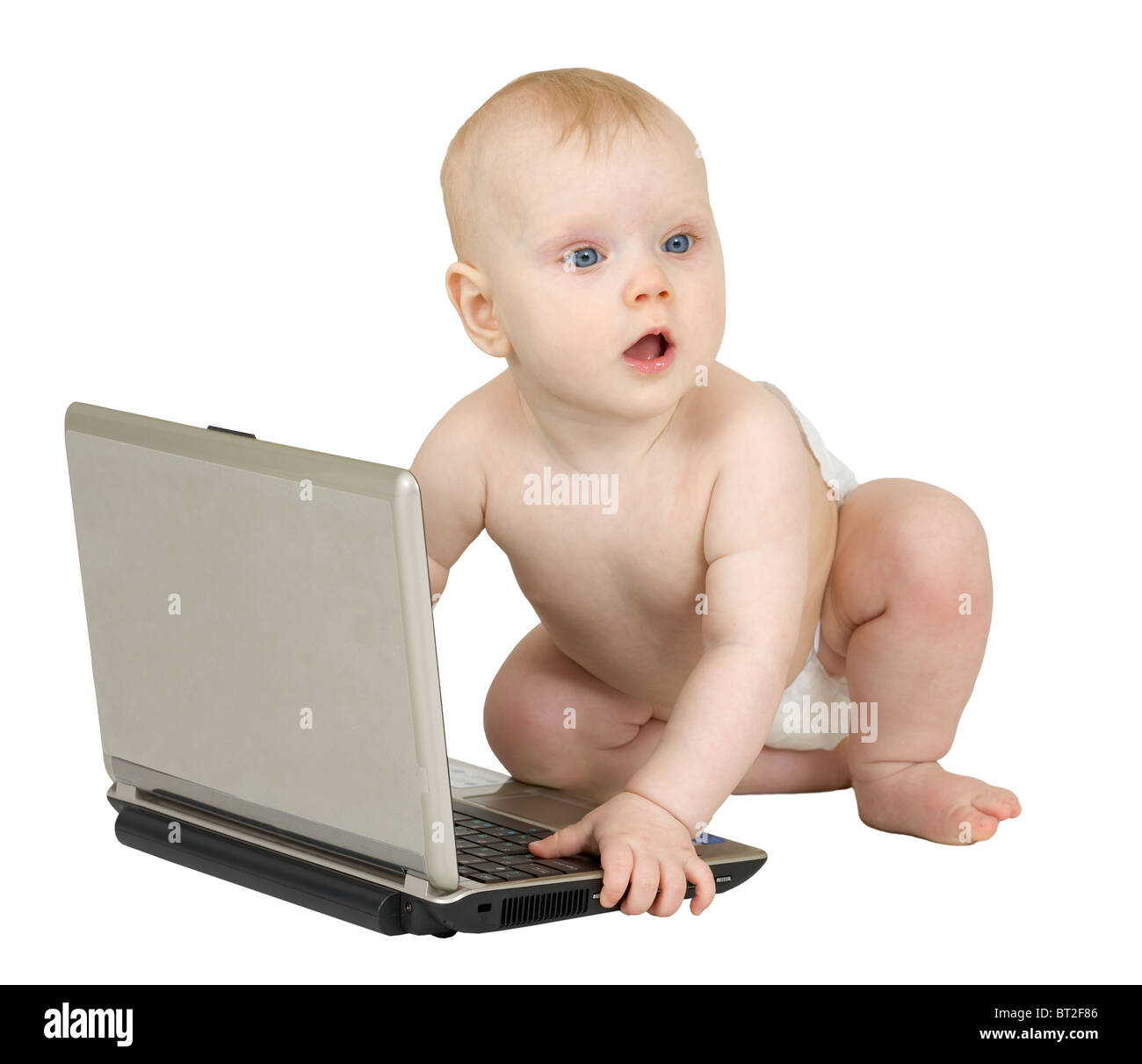 Baby with the laptop on a white background Stock Photo - Alamy