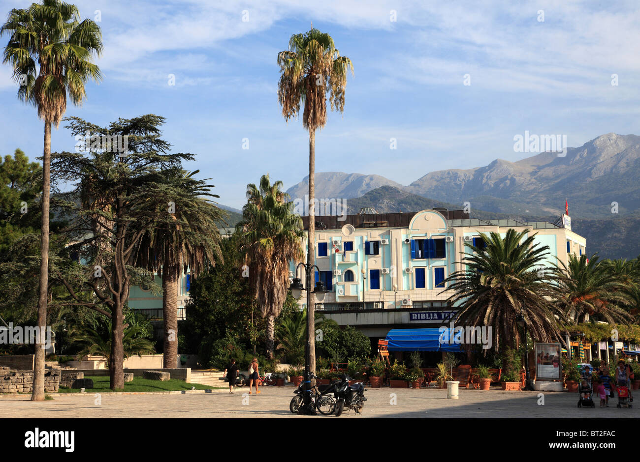 Montenegro, Budva, Hotel Mogren, palms, mountains, promenade Stock ...
