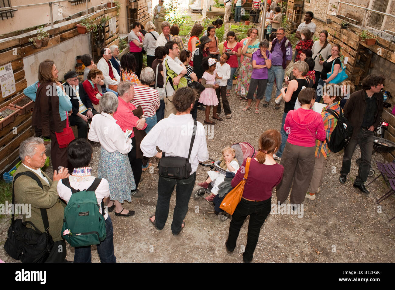 Paris, France, Aerial view, Crowd of Tourists Visiting Community Garden ...