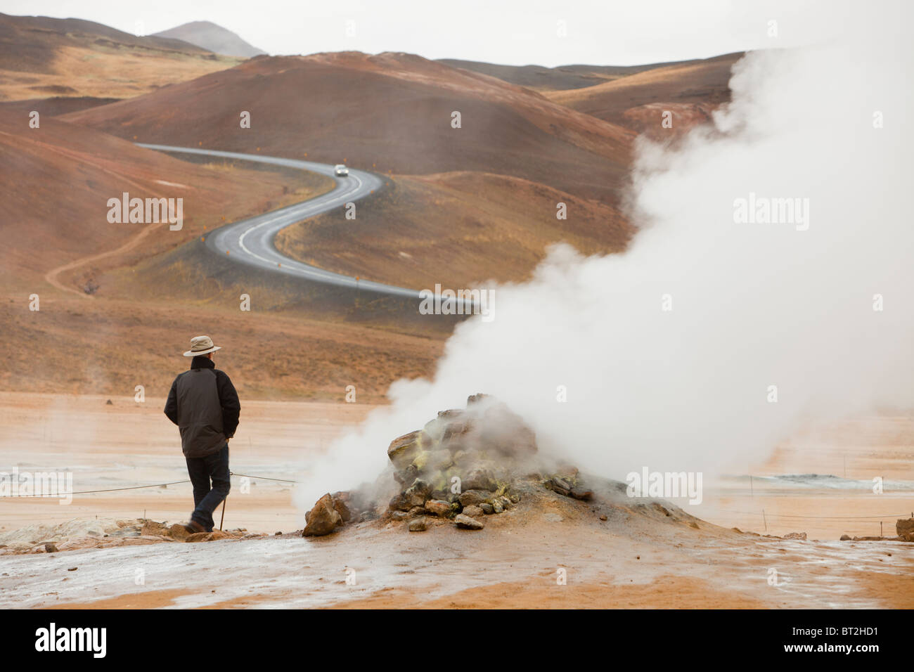 Fumaroles emitting steam in the geothermal area of Hverir near Myvatn ...