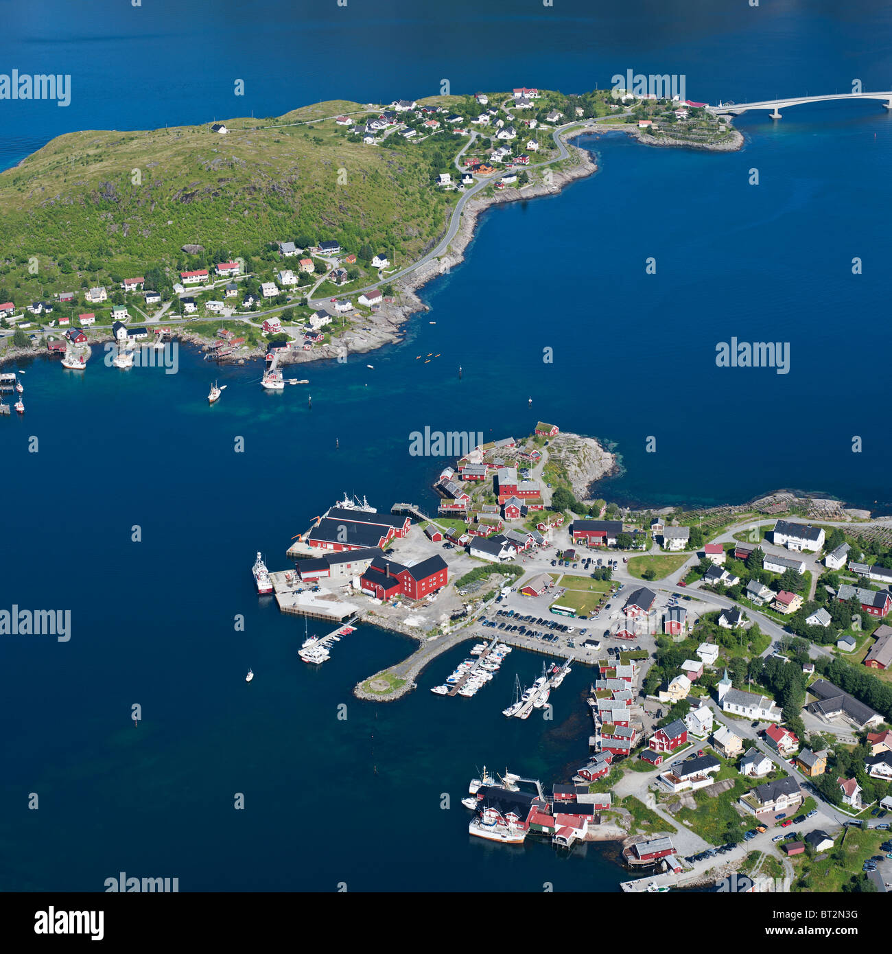 Aerial view of village of Reine, Moskenesoya, Lofoten islands, Norway ...