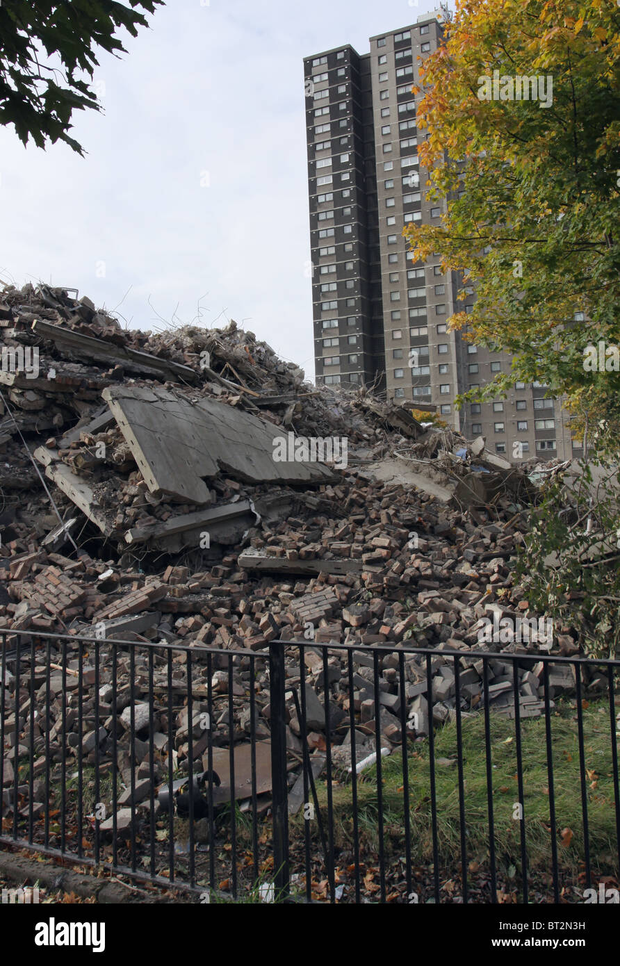 block of flats and pile of rubble from Norfolk Court tower blocks in ...
