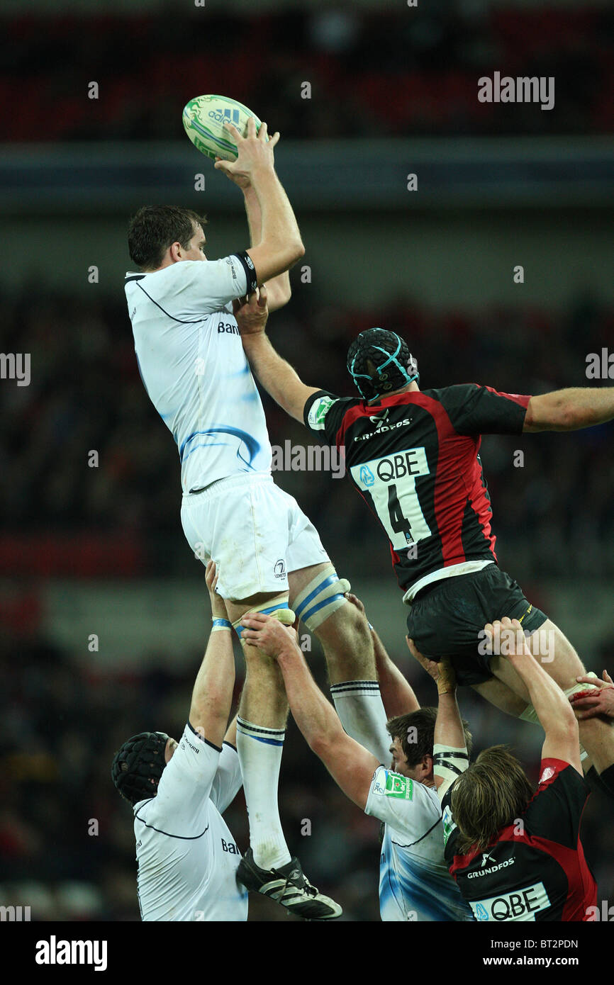 Devin Toner (L) of Leinster get an high ball during a line out while ...
