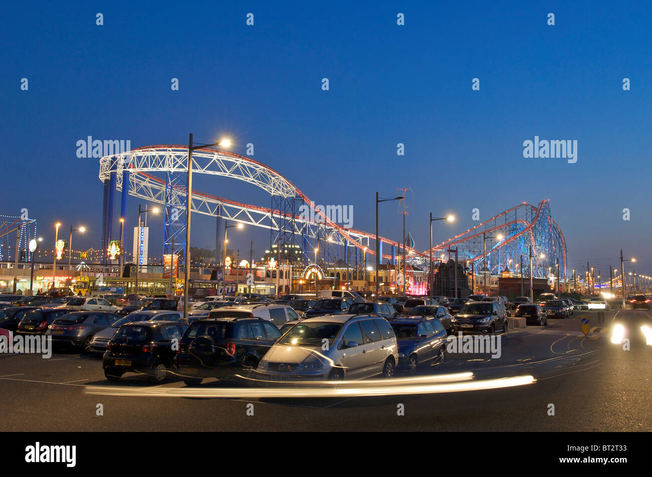 Blackpool Pleasure beach and car park during the illuminations Stock ...