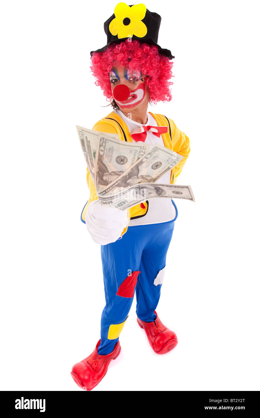 funny clown showing some dollar bills (isolated on whites Stock Photo ...