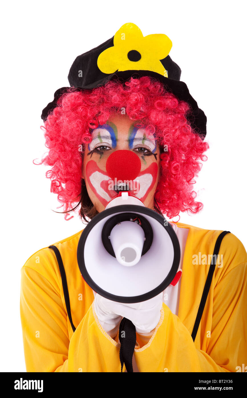 funny clown shouting at the megaphone (isolated on white Stock Photo ...