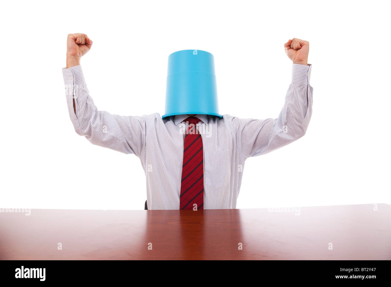 businessman at the office with a bucket on his head Stock Photo - Alamy